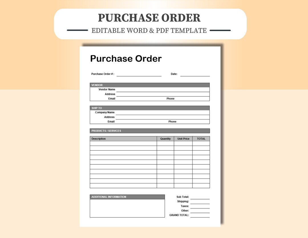 Purchase Order Form - Editable / Fillable WORD & PDF, PO Form, Purchase ...