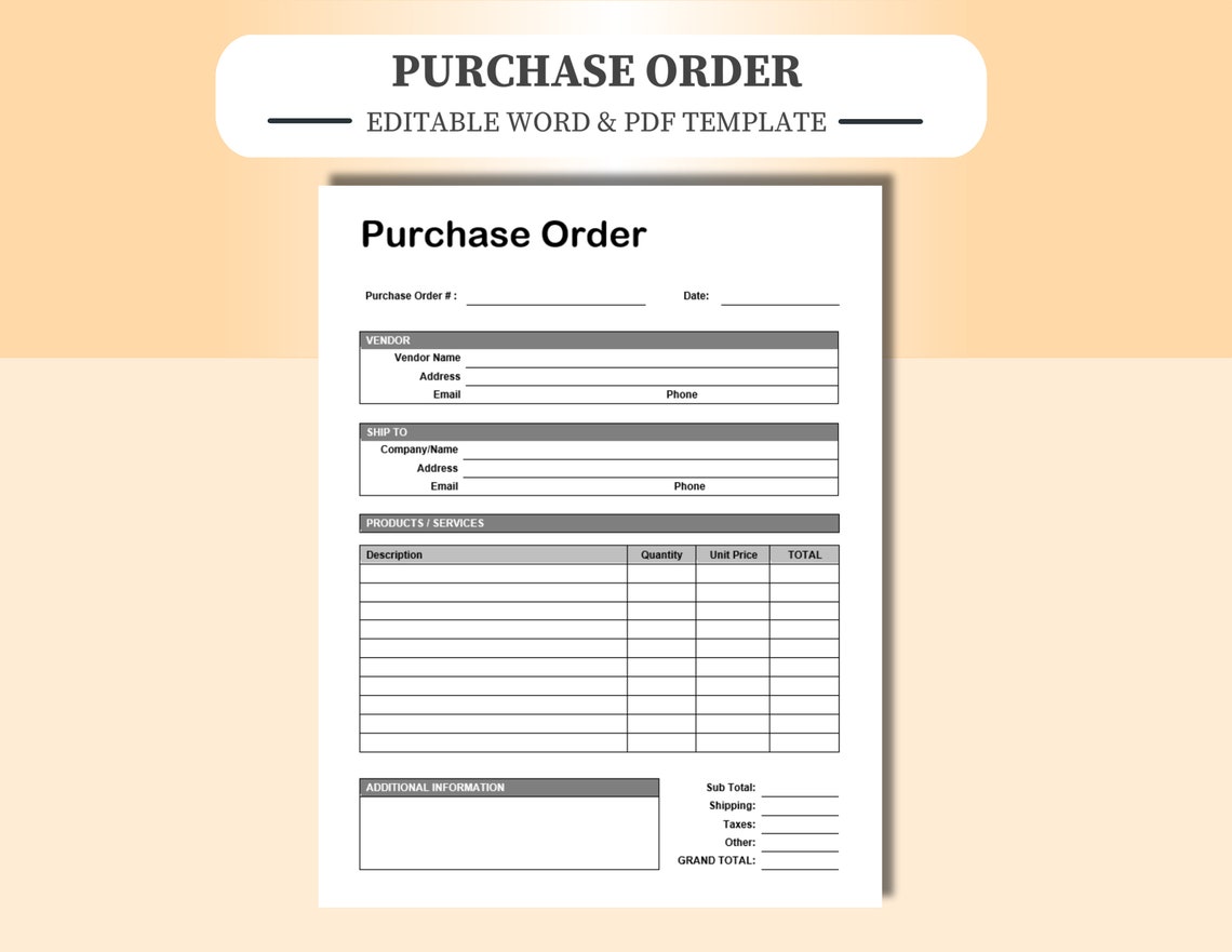 Editable Purchase Order Form: Fillable PDF & Word Template - Etsy