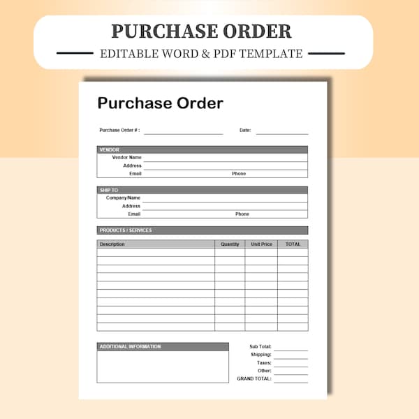 Word Purchase Order Template - Etsy