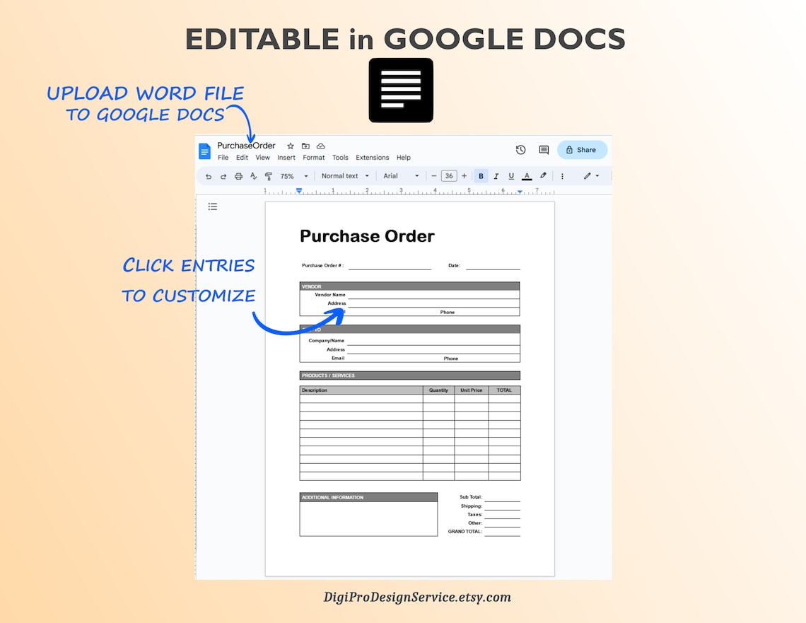 Editable Purchase Order Form: Fillable PDF & Word Template - Etsy