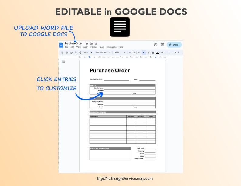 Editable Purchase Order Form: Fillable PDF & Word Template - Etsy