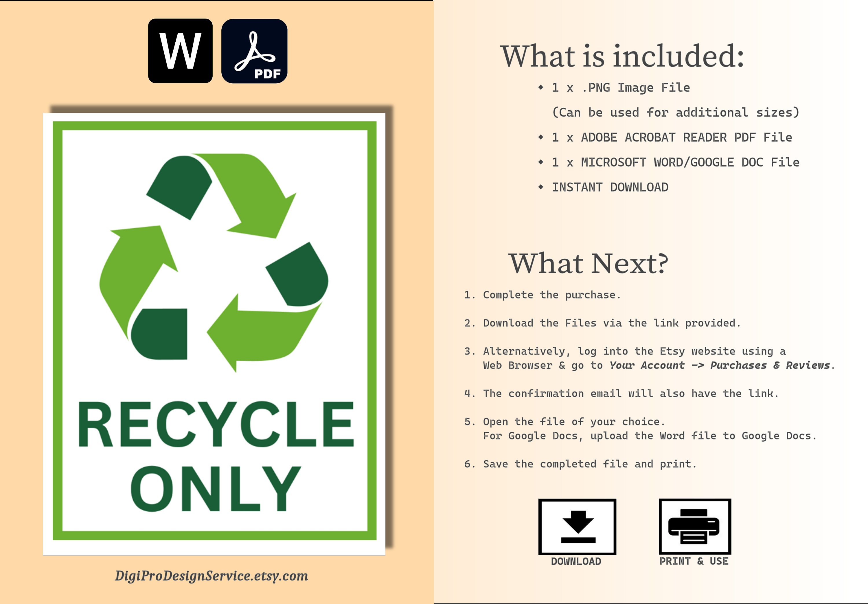 Recycle Only Sign: Printable PDF, Word, PNG File - Etsy