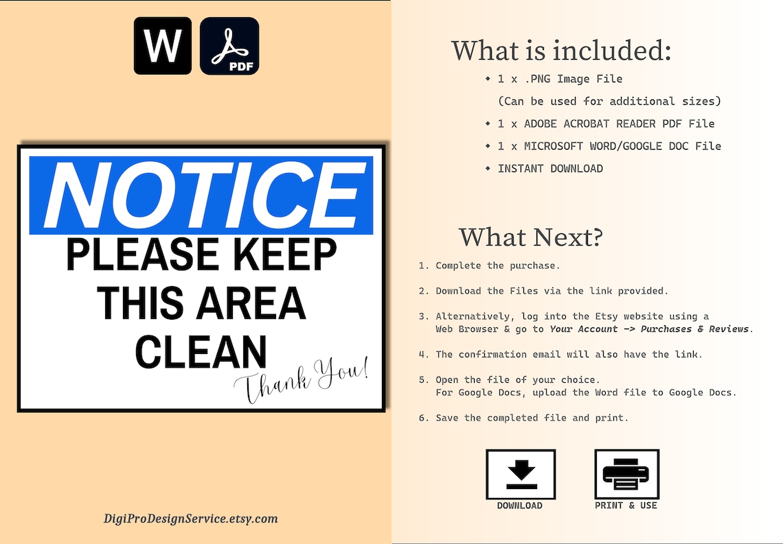 NOTICE Please Keep This Area Clean Sign. Printable A4/letter Size Word ...