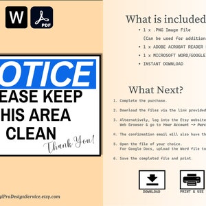 Keep Area Clean Sign: Printable Notice (PDF, Word, PNG) - Etsy