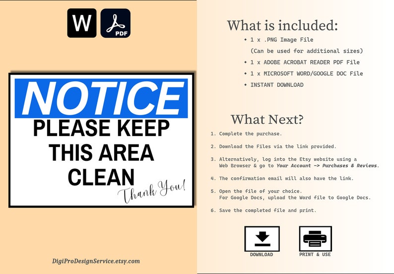 Keep Area Clean Sign: Printable Notice (PDF, Word, PNG) - Etsy