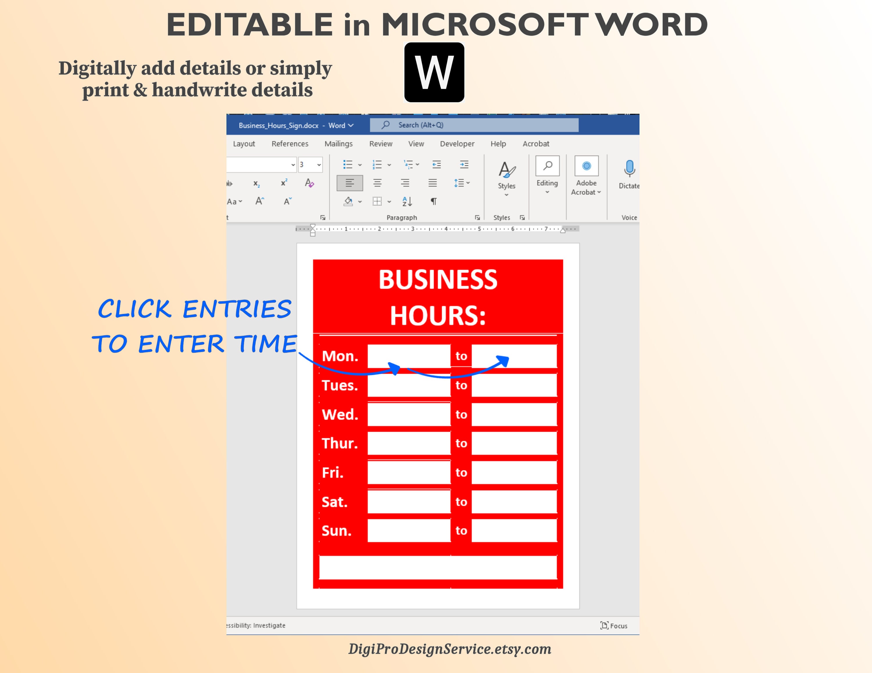 Business Hours Sign. Printable/editable Word & PDF Template. Store ...