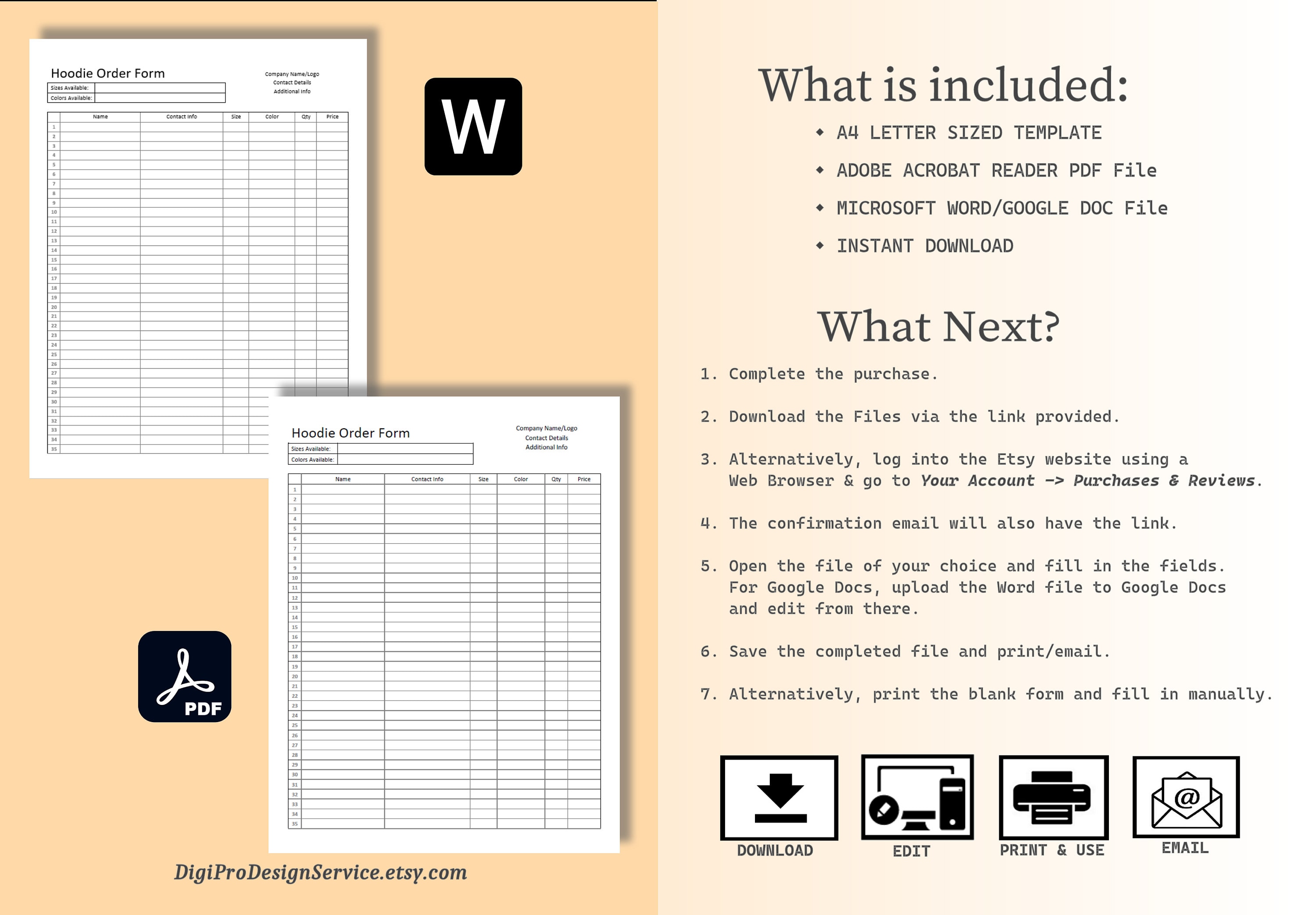 Hoodie Order Form Template: Editable PDF, Word & Google Docs - Etsy
