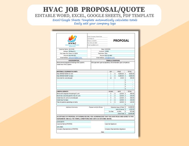 Editable HVAC Proposal Template: Excel, Word, PDF, Google Sheets - Etsy