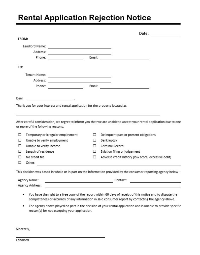 Rental Application Rejection Notice: Editable Word & PDF Template - Etsy
