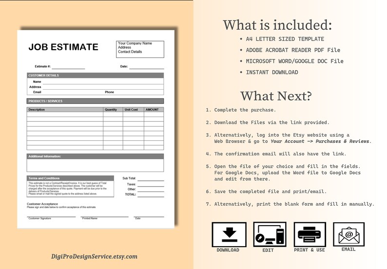 Editable Job Estimate Template: Printable Price Quote (WORD & PDF) - Etsy