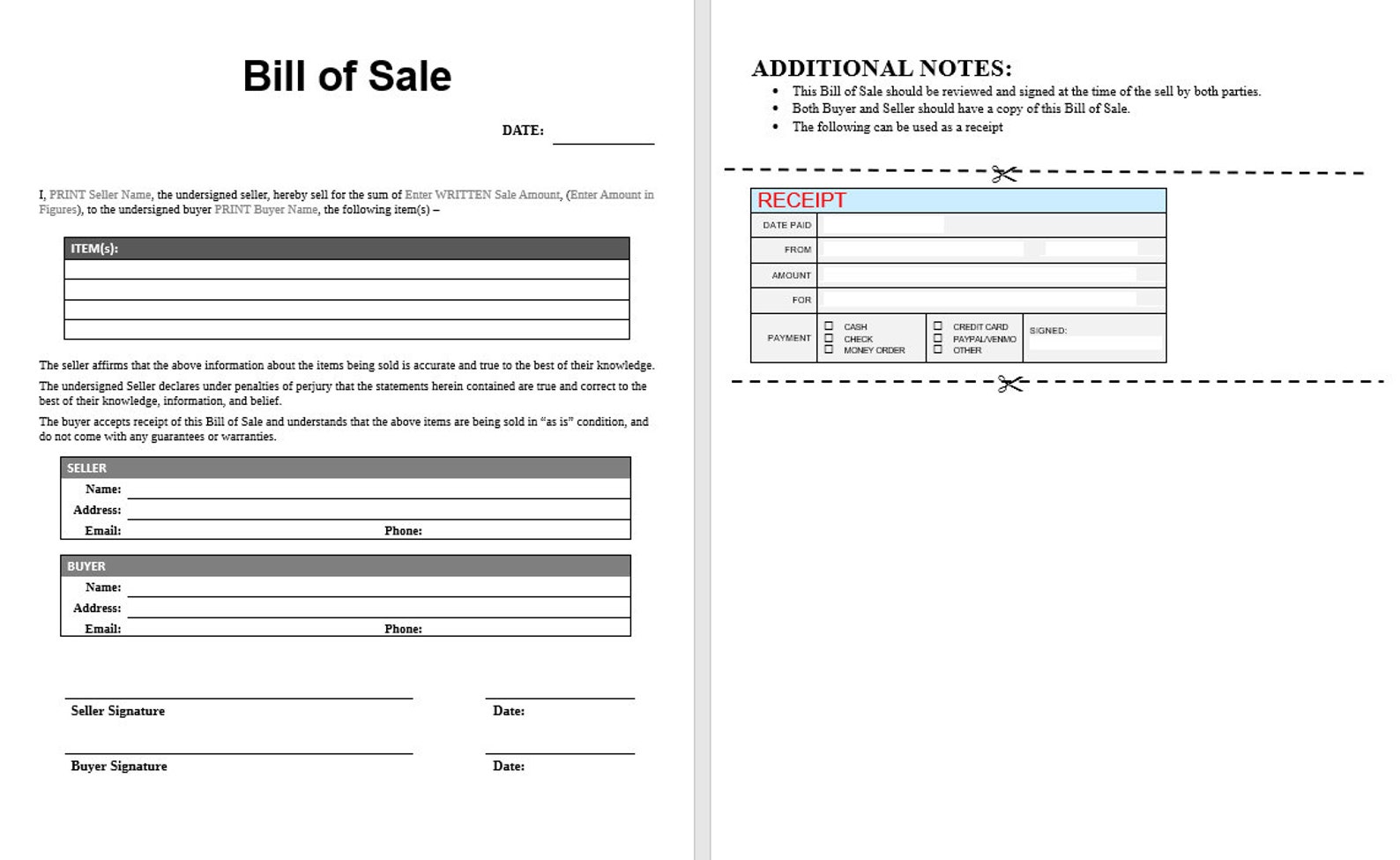 Bill of Sale Document, Fully Editable in WORD, PDF & Google Docs. Sale ...
