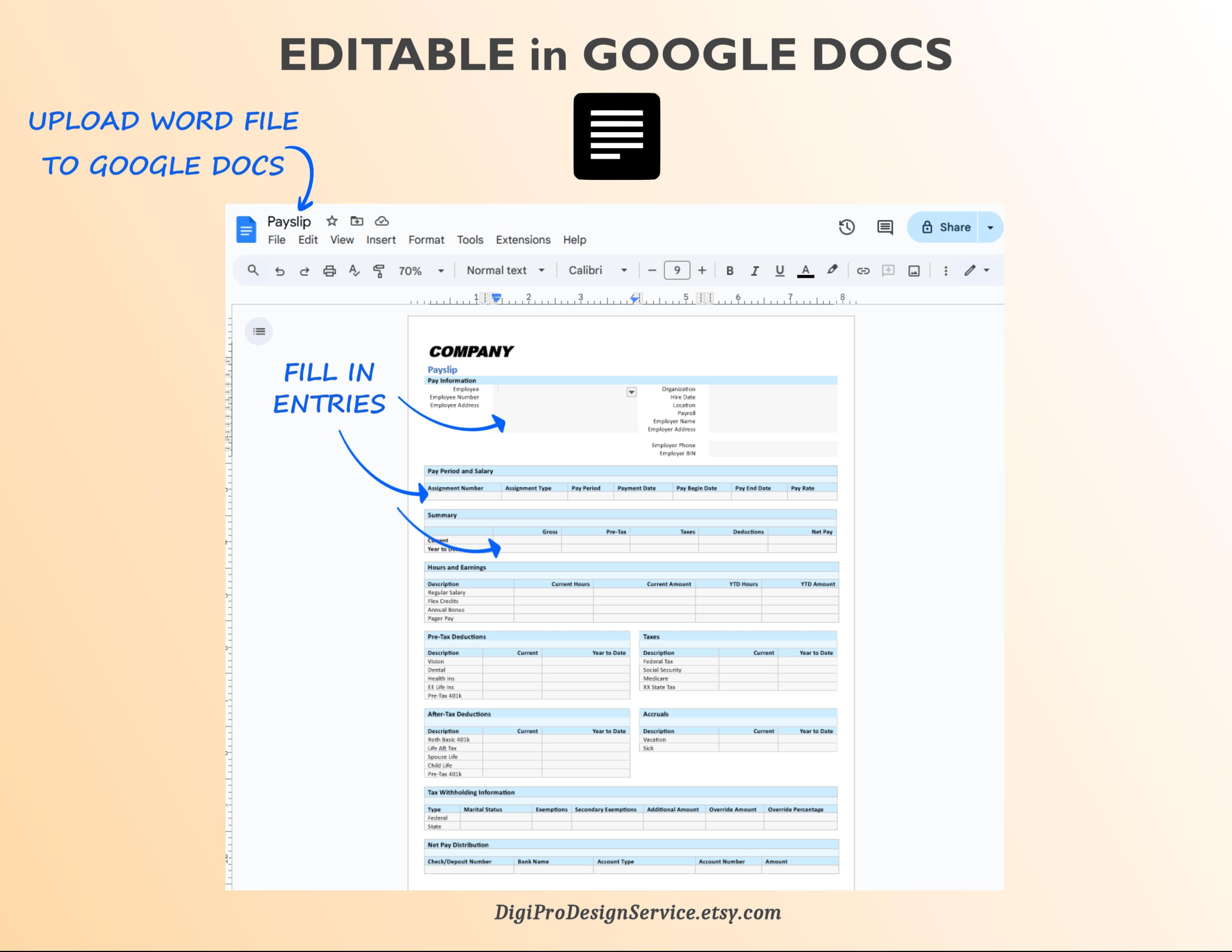 Editable Pay Stub Template: Auto-calculating Pdf/word - Etsy