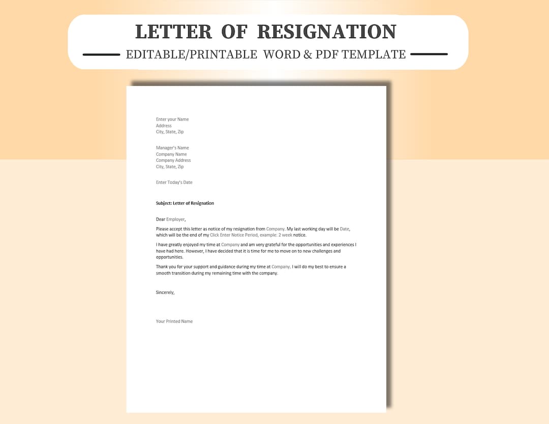 Letter of Resignation Editable in Microsoft Word, Adobe Acrobat PDF or ...