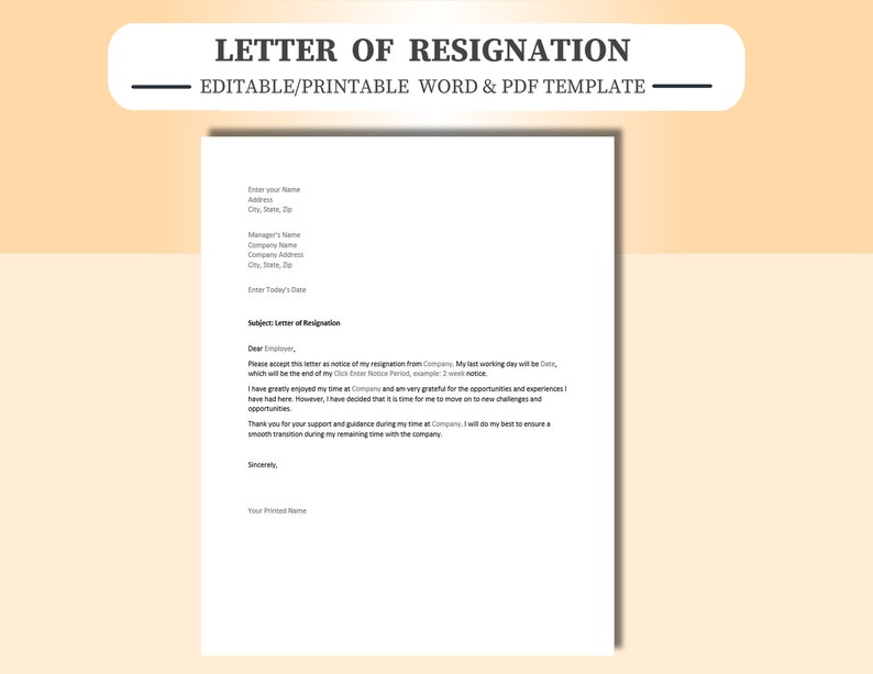 Letter Of Resignation Editable In Microsoft Word Adobe Acrobat Pdf Or