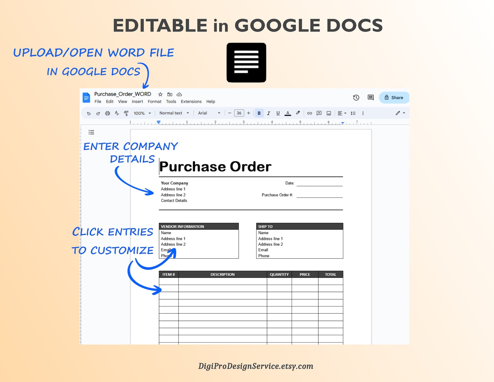 Editable Purchase Order Template: Fillable PDF & Word - Etsy