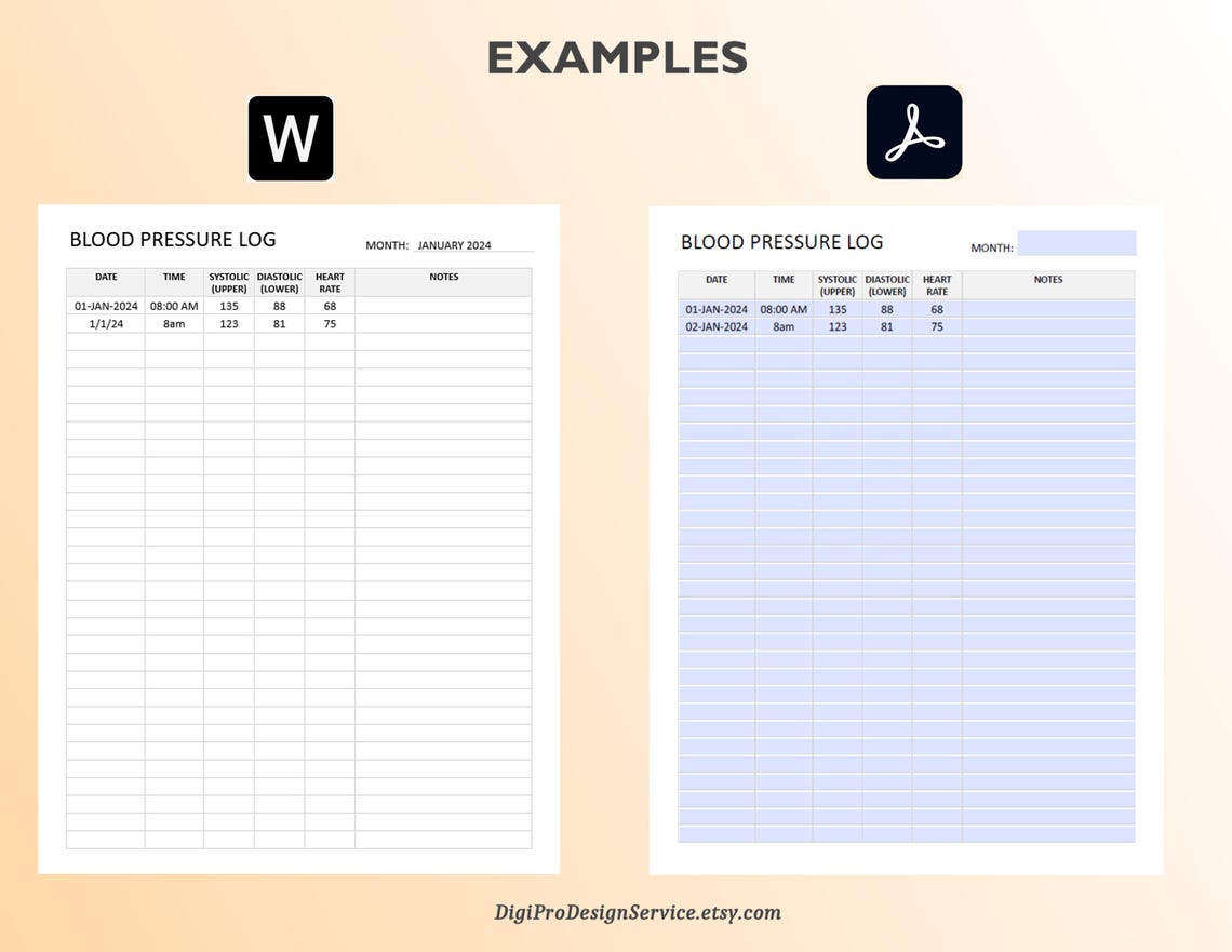 Blood Pressure Log Form. Editable or Printable Digital Form. Digitally ...