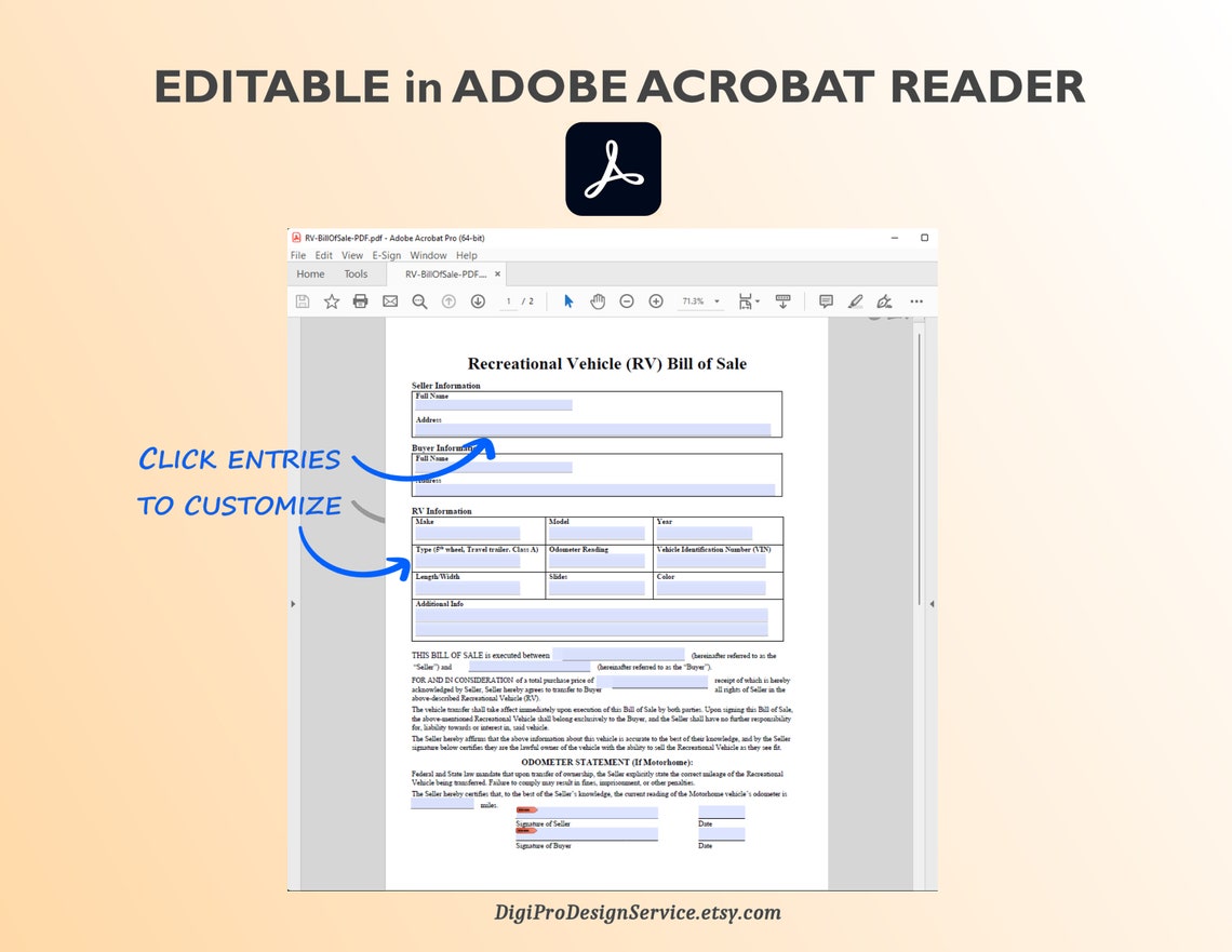 Recreational Vehicle RV Bill of Sale Contract - Editable PDF, Word ...