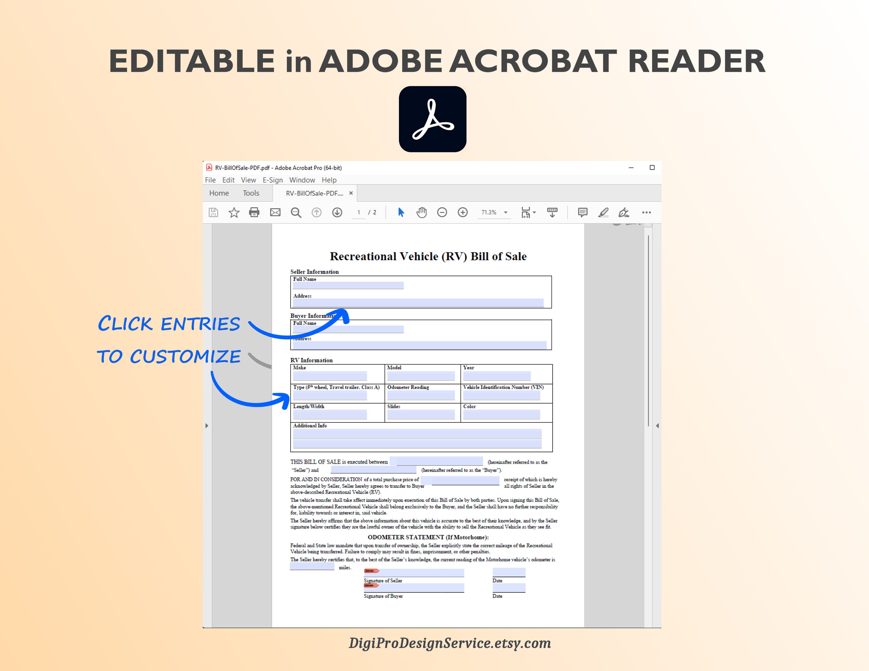 Recreational Vehicle RV Bill of Sale Contract - Editable PDF, Word ...
