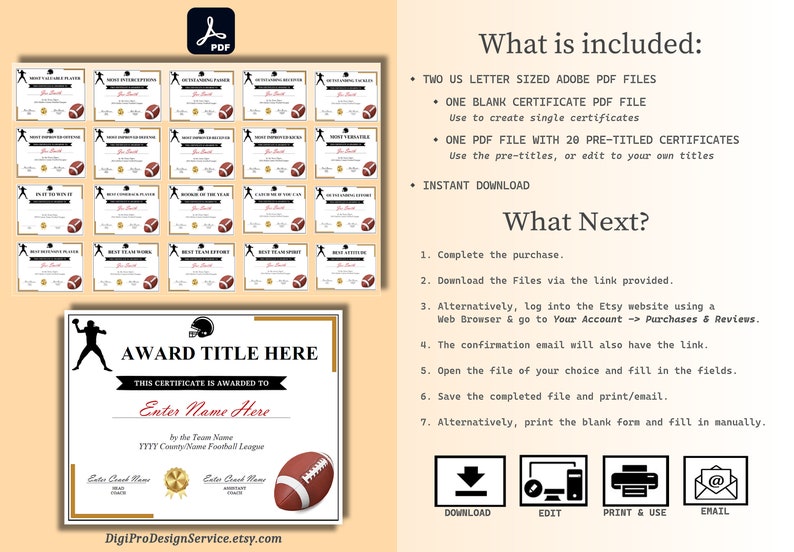Editable Football Award Certificates: 21 PDF Templates (instant ...