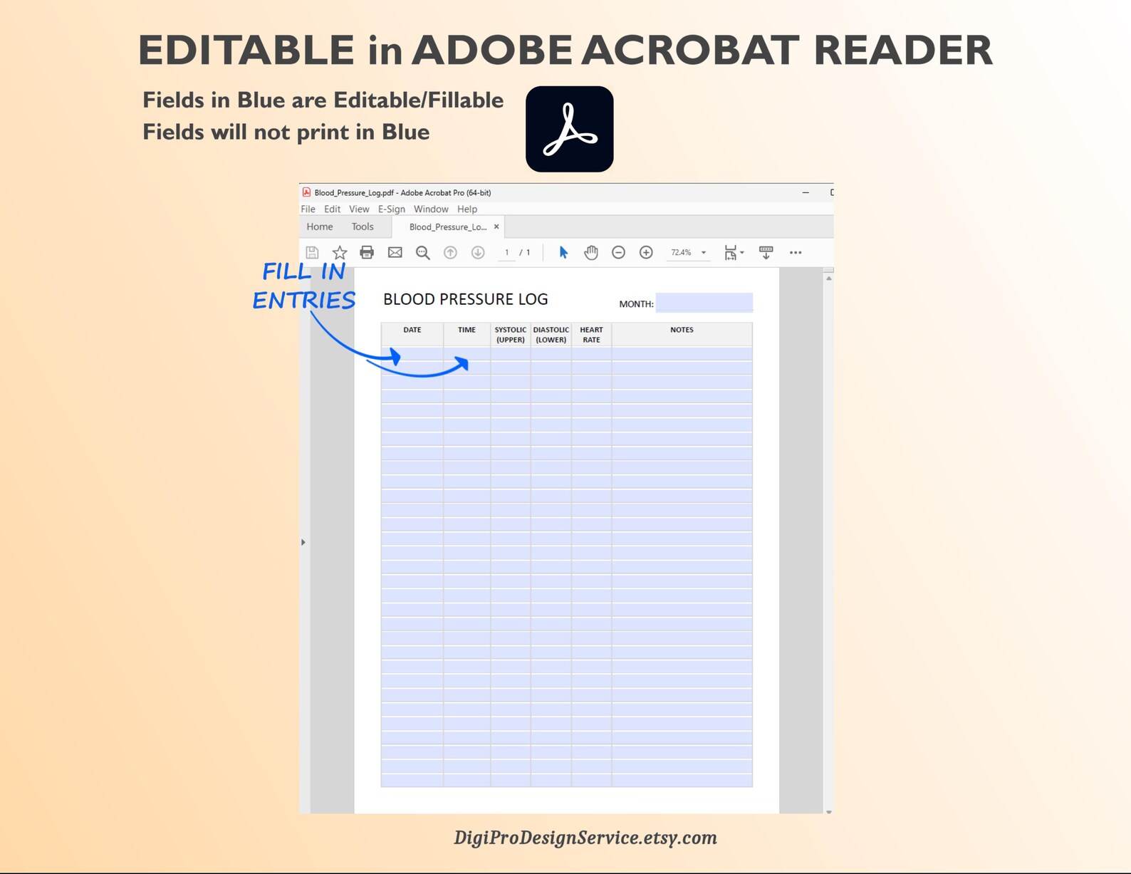 Blood Pressure Log Form. Editable or Printable Digital Form. Digitally ...