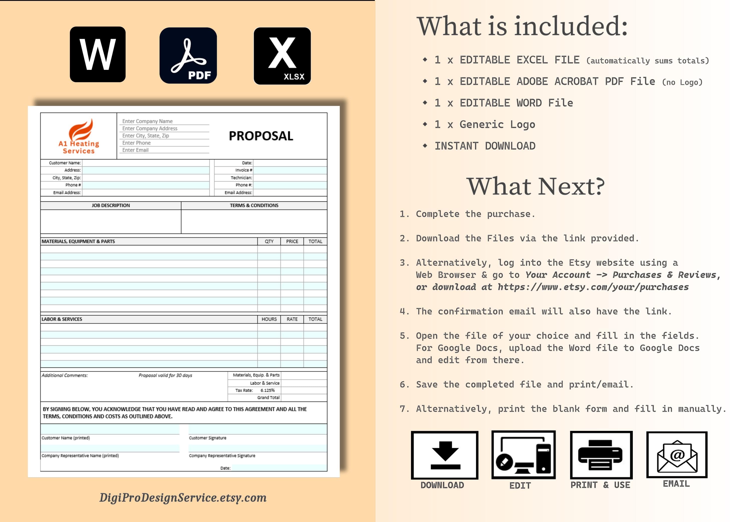 Editable Heating Proposal Template: Excel, Word, PDF, Google Sheets - Etsy