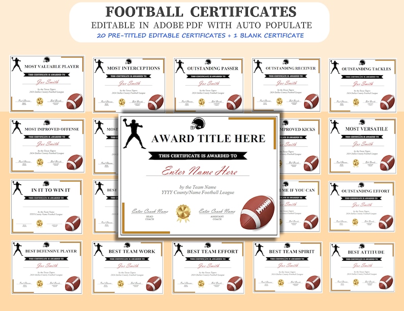 Editable Football Award Certificates: 21 PDF Templates (instant ...
