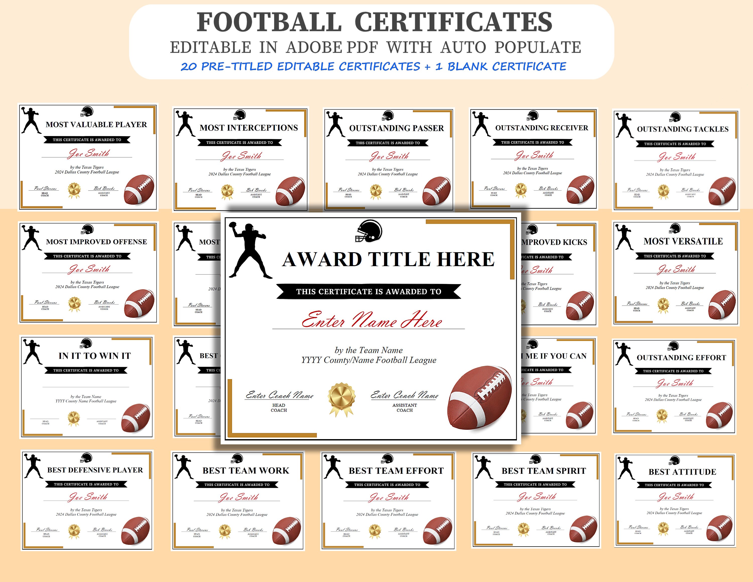 Editable Football Award Certificates: 21 PDF Templates (instant ...