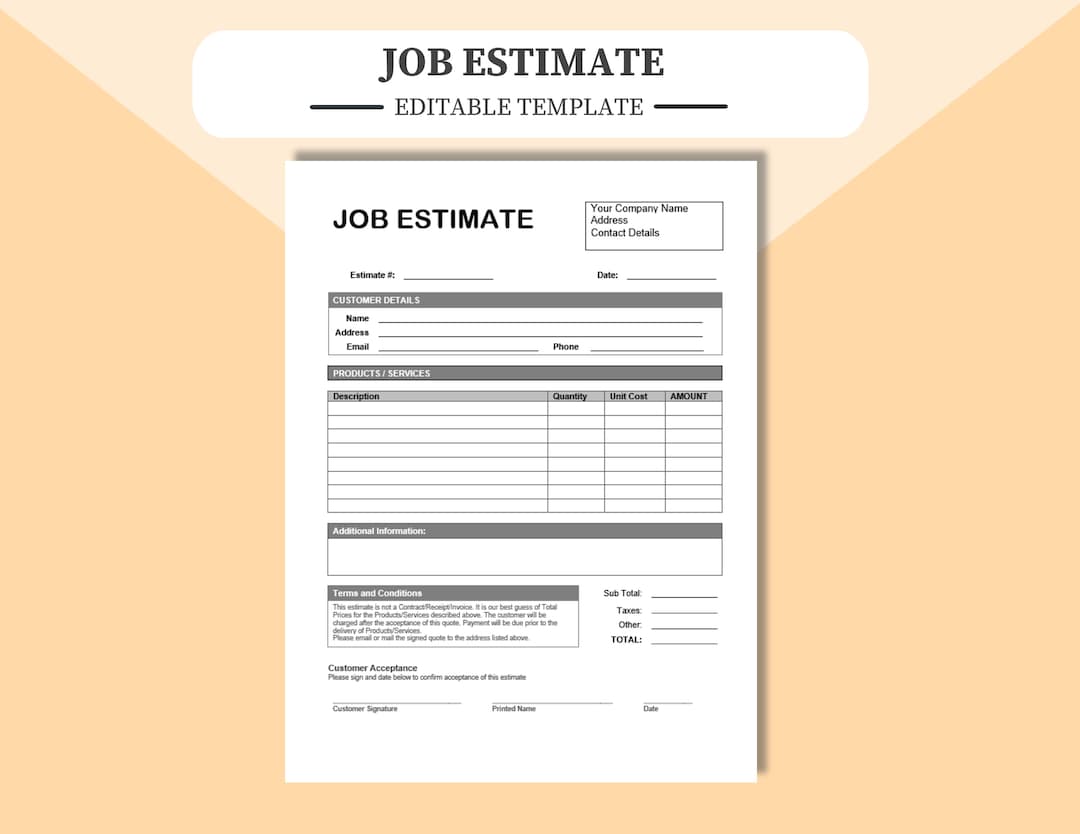 Editable Job Estimate Template: Printable Price Quote (WORD & PDF) - Etsy