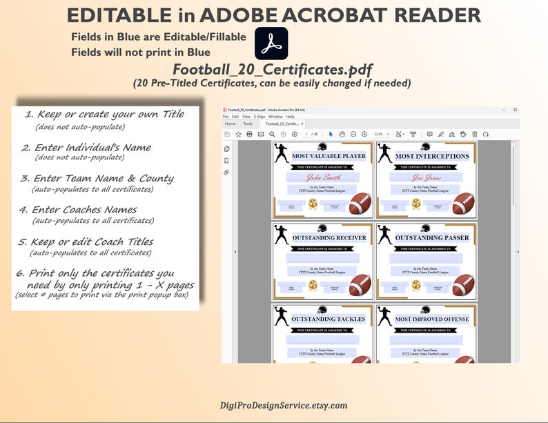 Editable Football Award Certificates: 21 PDF Templates (instant ...