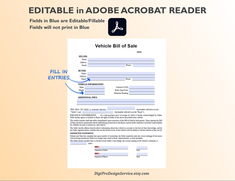Vehicle Bill of Sale - Editable Fillable in WORD & PDF. Bill of Sale ...