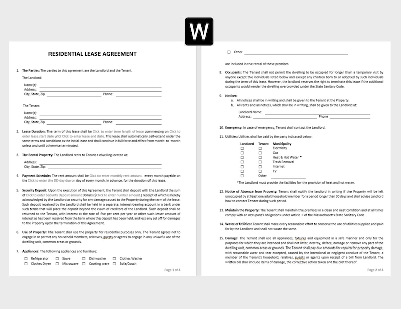 Residential Rental Lease Agreement: Editable Word & PDF Template - Etsy