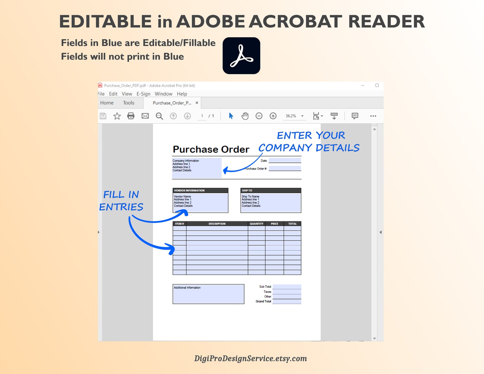 Editable Purchase Order Template: Fillable PDF & Word - Etsy