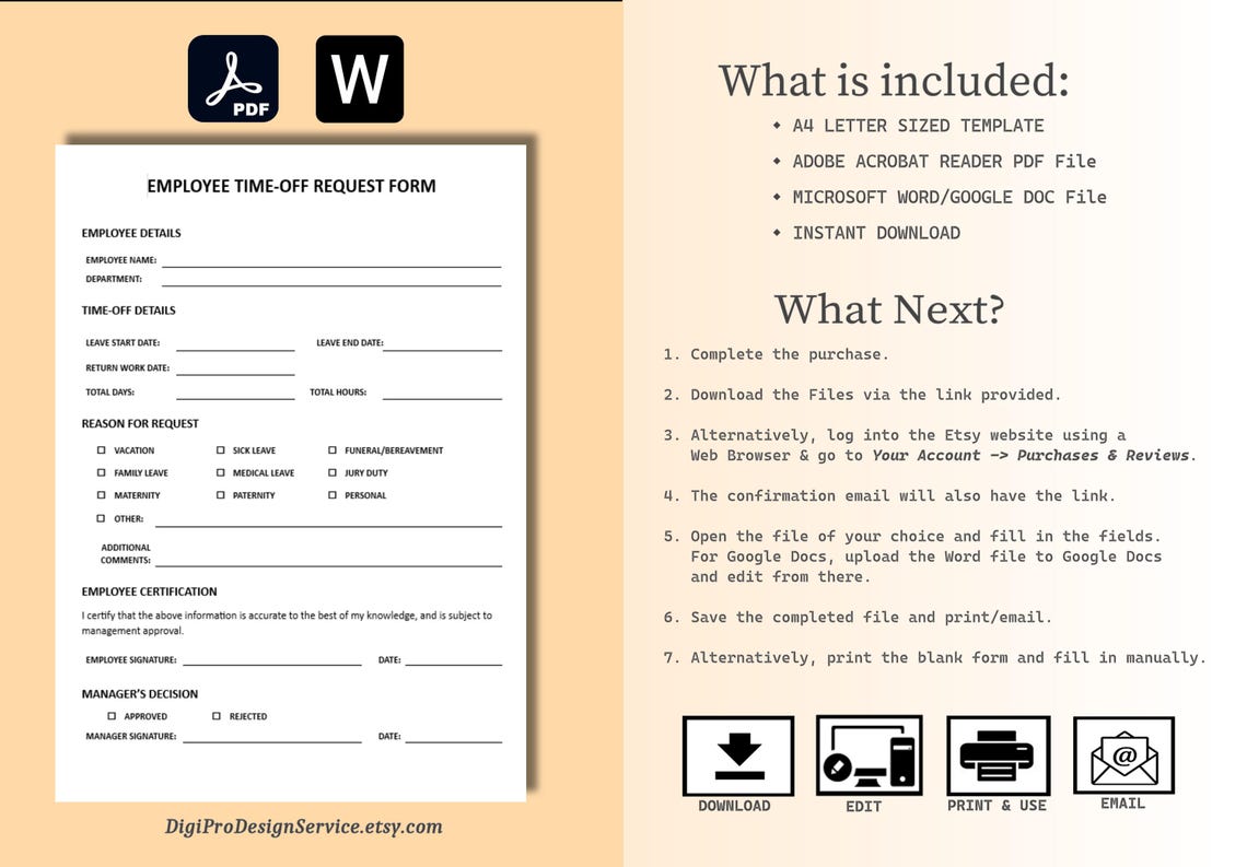 Employee Time off Request Form: Editable Fillable Template (PDF, Word ...