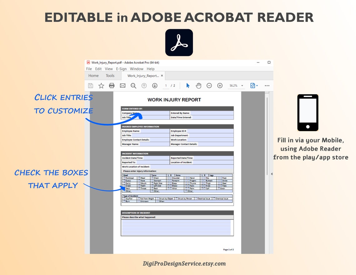 Work Injury Report Form: Printable & Editable PDF, Word Template - Etsy