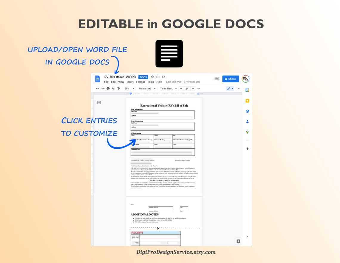Recreational Vehicle RV Bill of Sale Contract - Editable PDF, Word ...