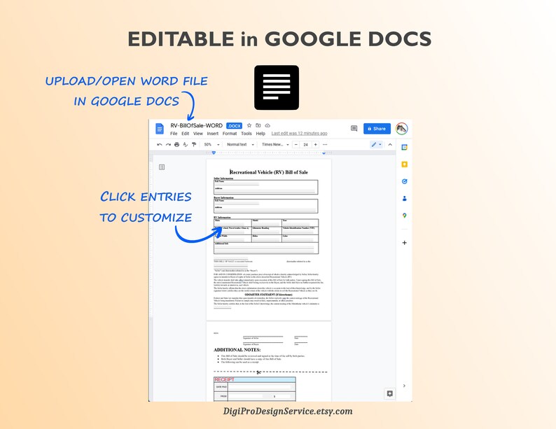 Recreational Vehicle RV Bill of Sale Contract - Editable PDF, Word ...