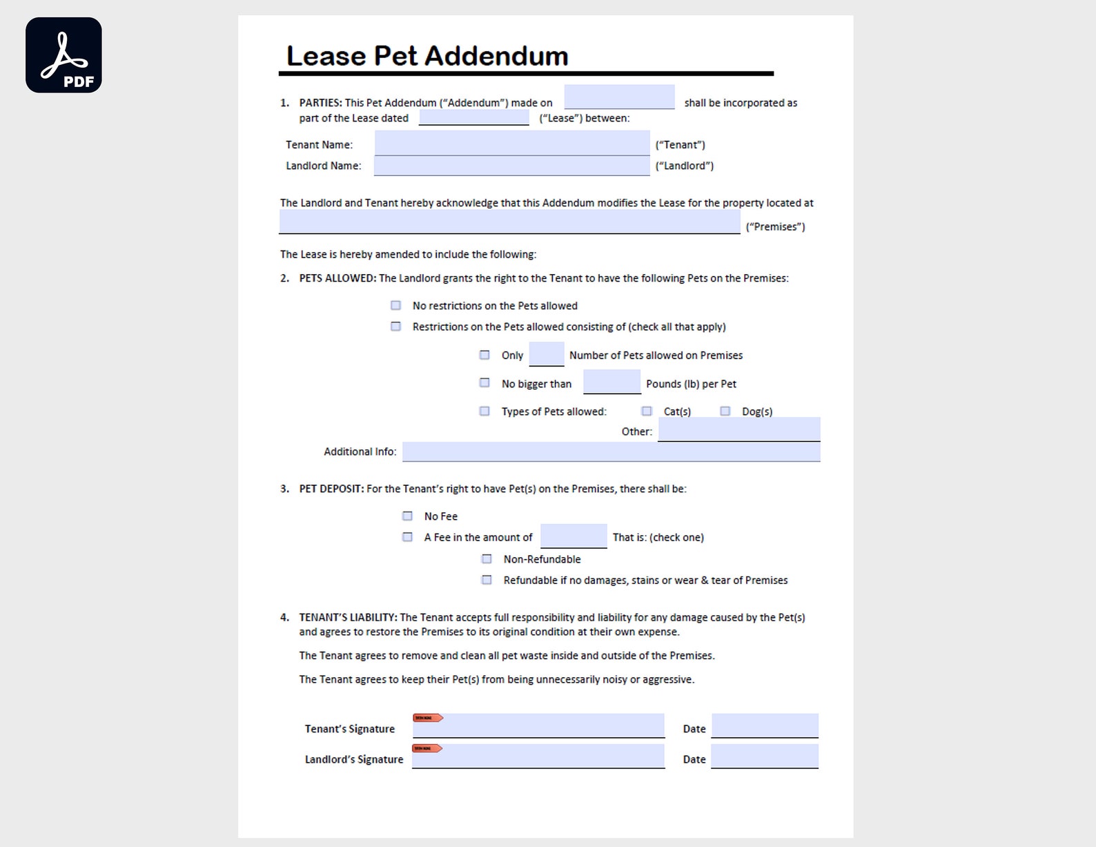 Pet Addendum to Lease: Editable Word & PDF Template - Etsy