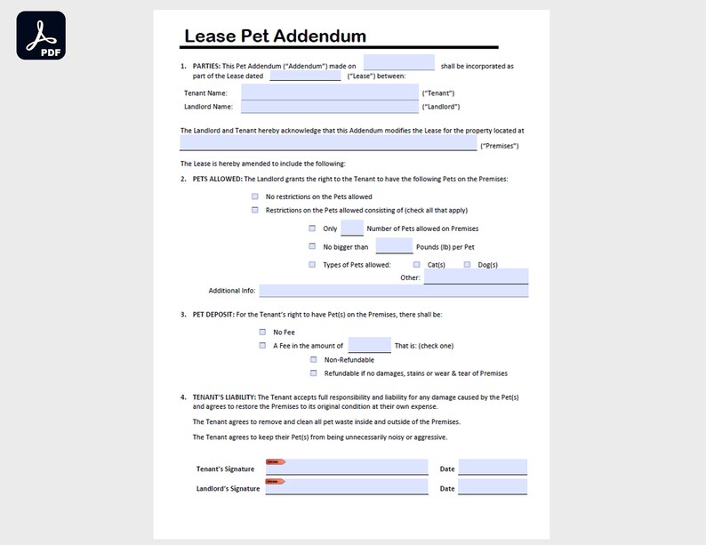 Pet Addendum to Lease: Editable Word & PDF Template - Etsy