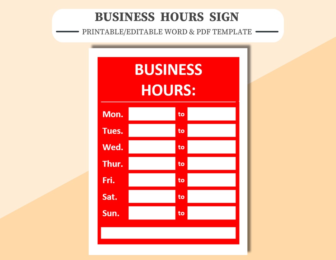 Business Hours Sign. Printable/editable Word & PDF Template. Store ...