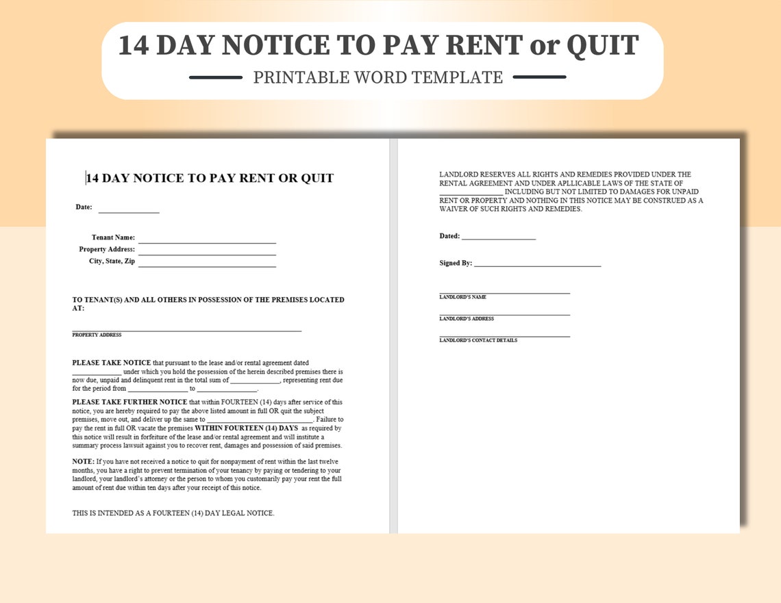 Printable 14 Day Notice to Pay Rent or Quit (word Doc) - Etsy