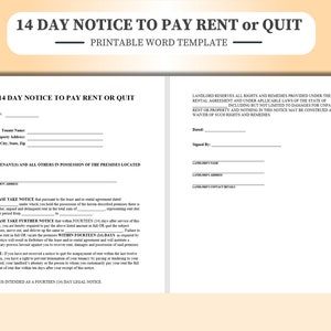 Printable 14 Day Notice to Pay Rent or Quit (word Doc) - Etsy