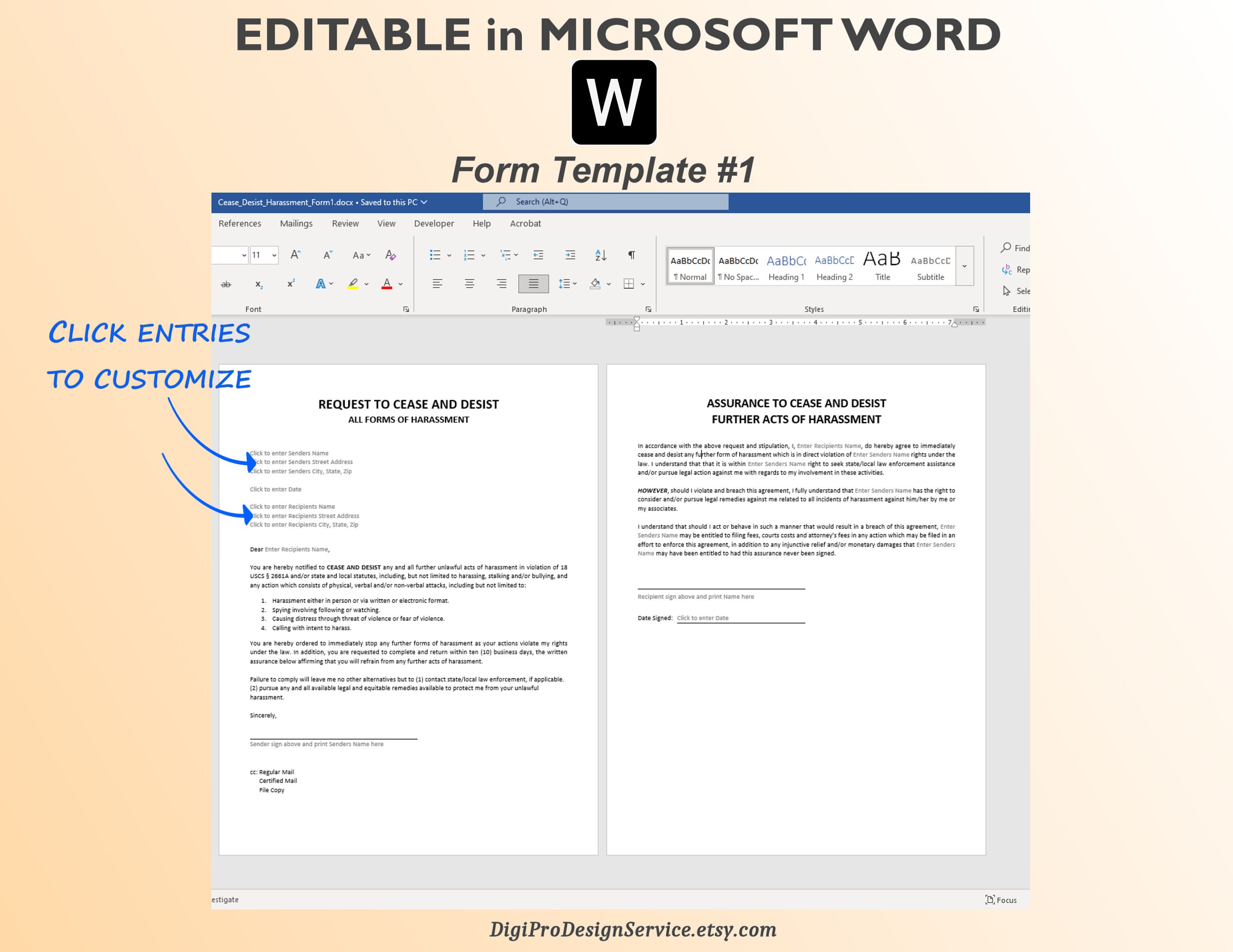 Harassment Cease and Desist Form: Editable Word & PDF Templates - Etsy