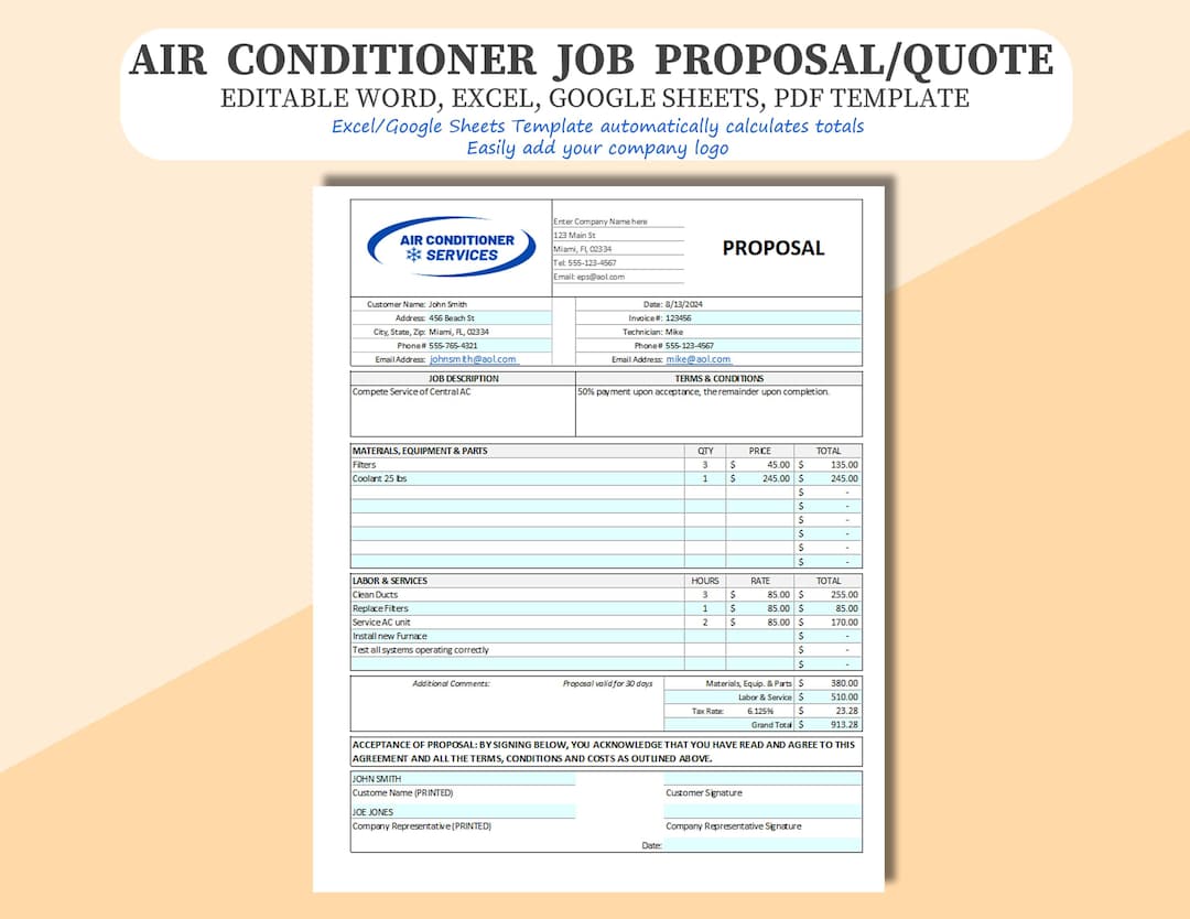 Editable Air Conditioner Proposal Template: Excel, Word, PDF - Etsy