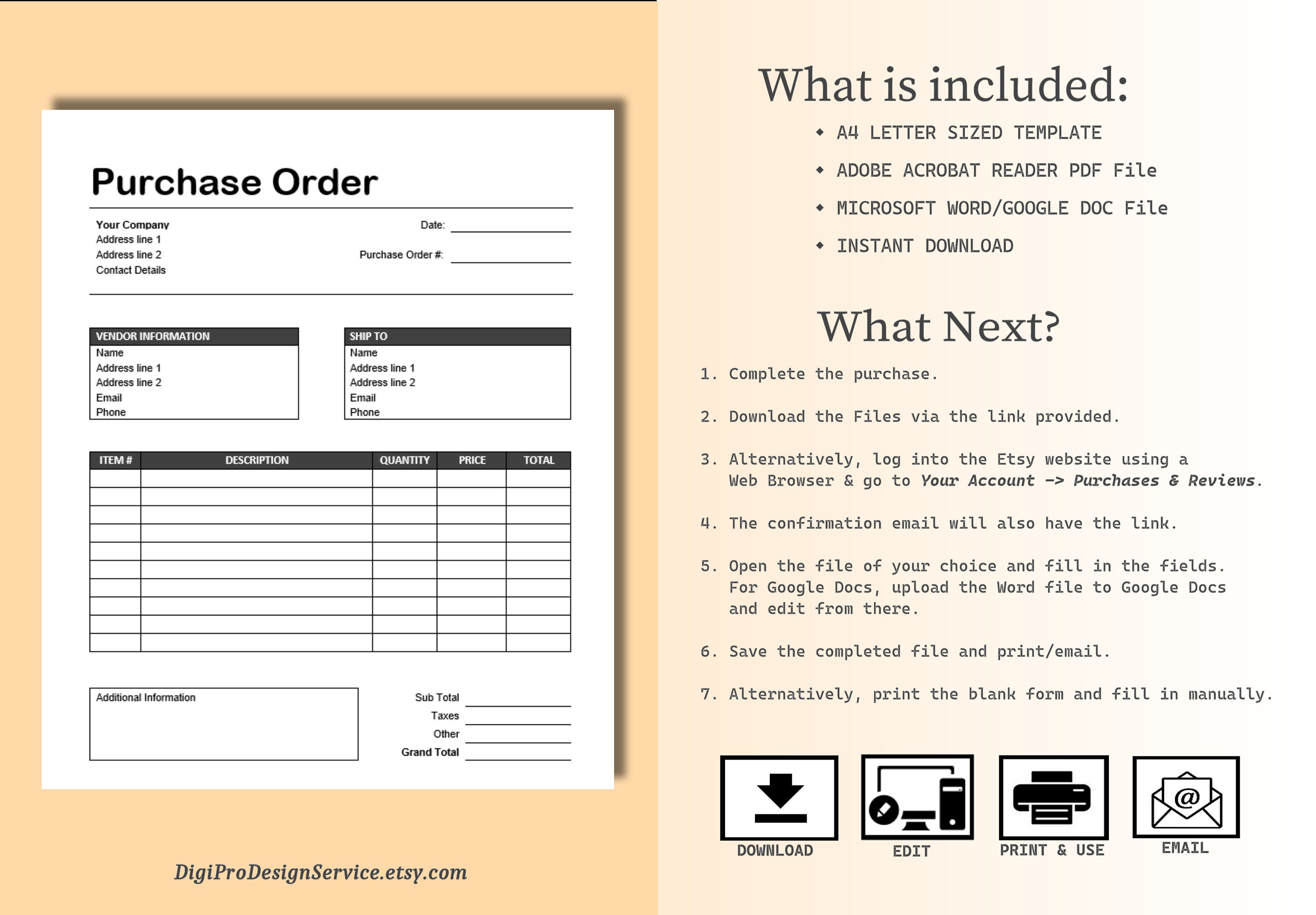 Editable Purchase Order Template: Fillable PDF & Word - Etsy