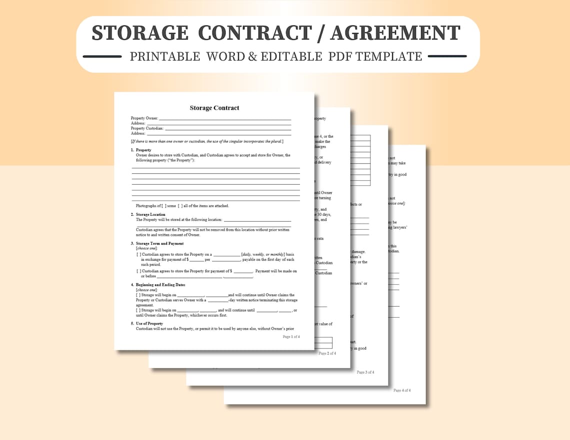 Storage Contract Agreement. Printable/editable Word and PDF Template ...