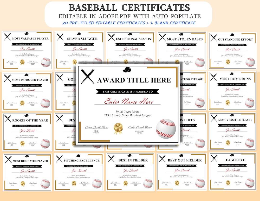 Editable Baseball Award Certificates: 21 PDF Templates (instant ...