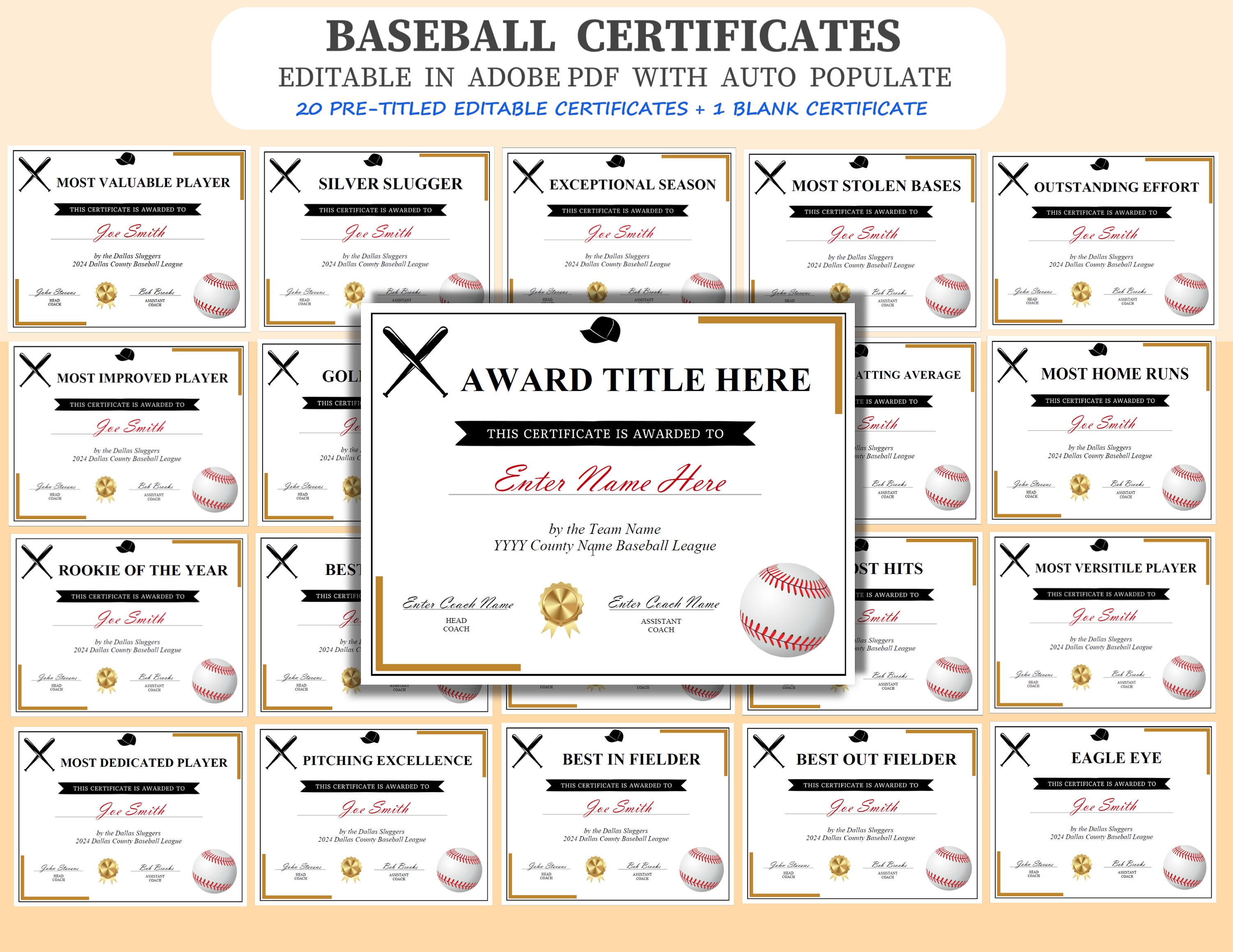 Editable Baseball Award Certificates: 21 PDF Templates (instant ...