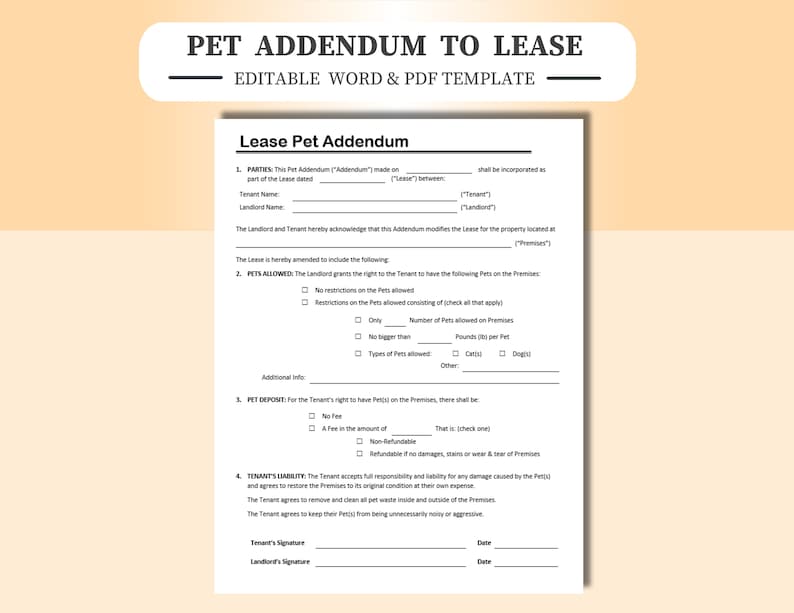 Pet Addendum to Lease: Editable Word & PDF Template - Etsy