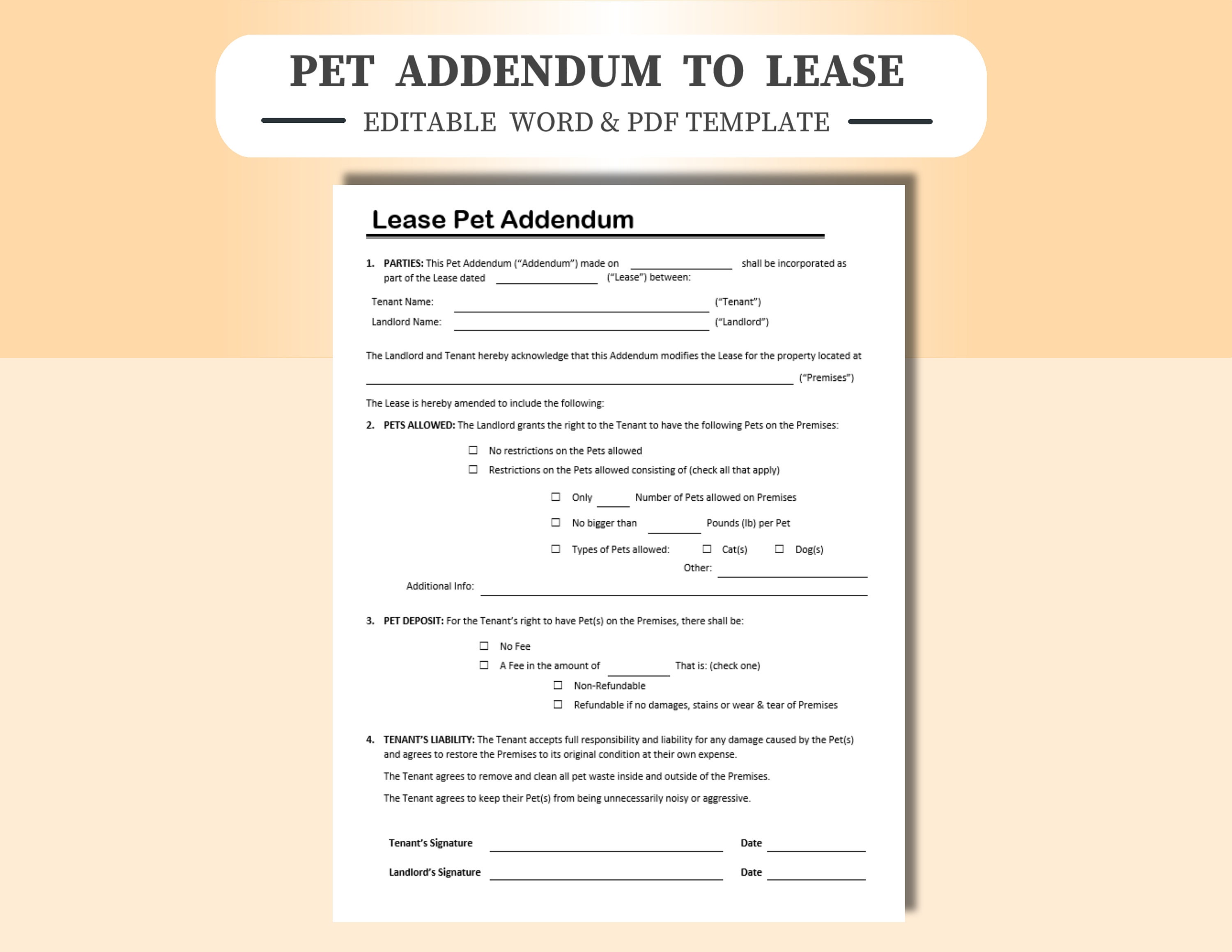 Pet Addendum to Lease: Editable Word & PDF Template - Etsy