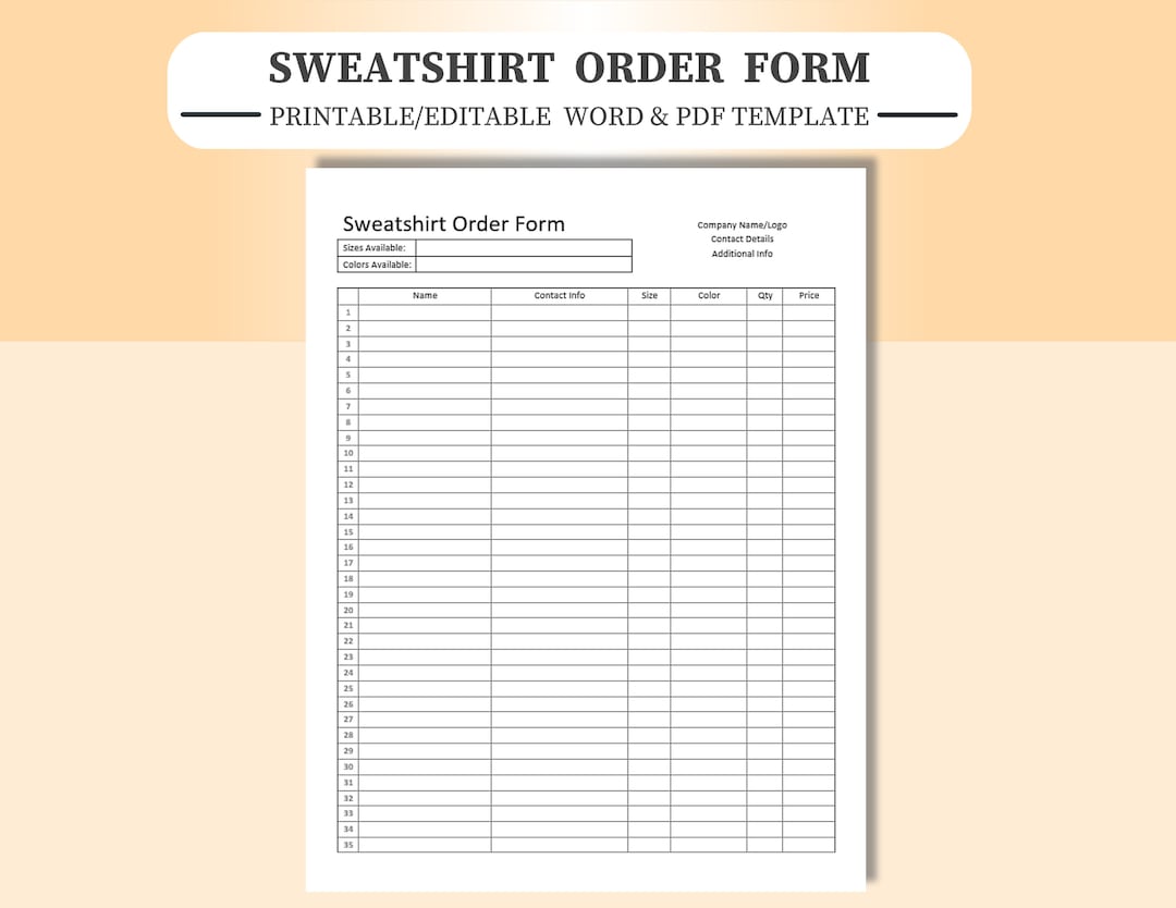 Sweatshirt Order Form Template: Editable PDF, Word, Google Docs - Etsy